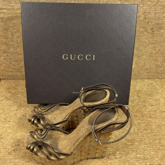 Gucci | Shoes | Gucci Studded Cork Platform Wedge Sandals Bronze Gold ...